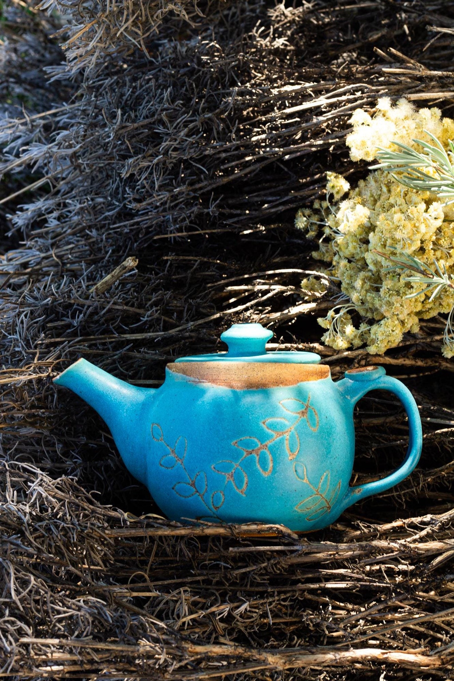 Handmade Ceramic Tea Set With Cups and Teapot, Pottery Tea Set, Blue ...