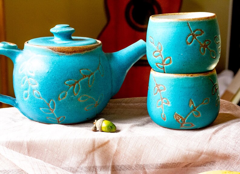 Handmade Ceramic Tea Set With Cups and Teapot, Pottery Tea Set, Blue ...