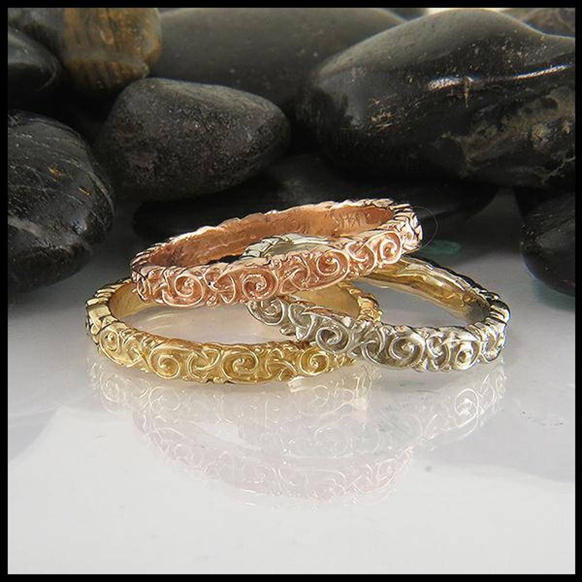 Celtic Trinity Scroll Stacking Ring in 14K Yellow Gold, Rose Gold, or ...