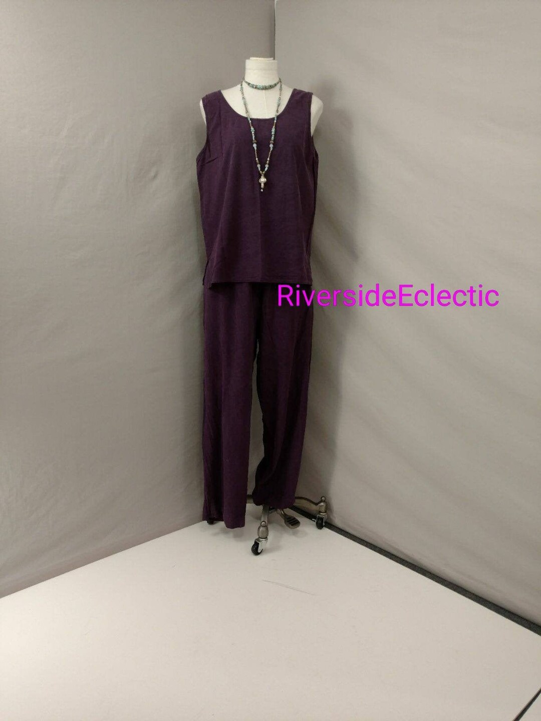 Raw Slub Silk Plum Purple Pant Set Vintage 90's Sleeveless Tunic Top ...