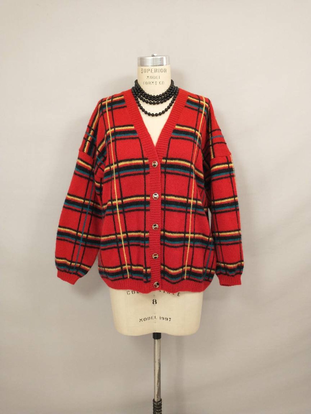 Plaid 80's Cardigan Sweater Bright Red Colorful Knit Vintage Sixties ...