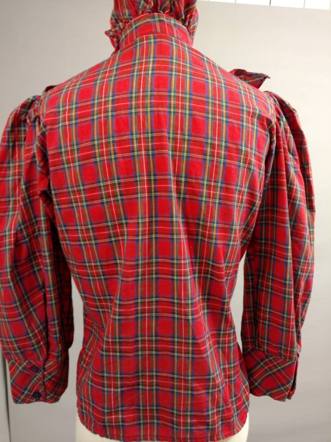 Super Feminine Red Plaid Blouse High Neck Ruffle Collar Puff - Etsy
