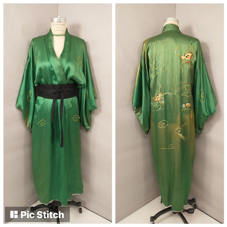 Emerald Green Kimono Robe Vintage Hand Embroidered Long Etsy