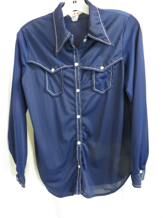 80's Vintage Western Shirt Navy Blue Nylon Long Colla… - Gem