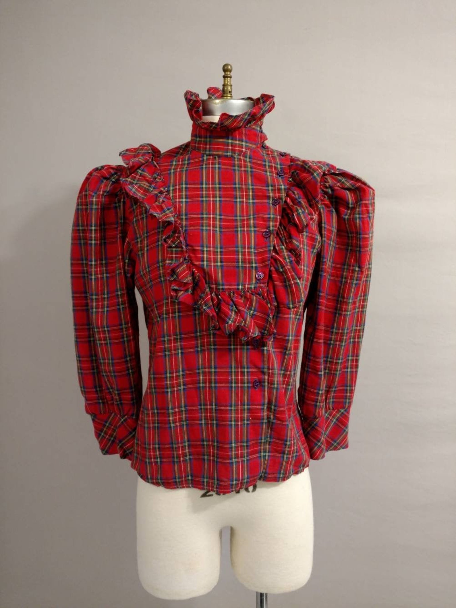 Super Feminine Red Plaid Blouse High Neck Ruffle Collar Puff - Etsy