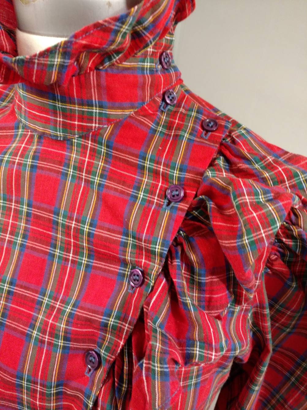 Super Feminine Red Plaid Blouse High Neck Ruffle Collar Puff - Etsy