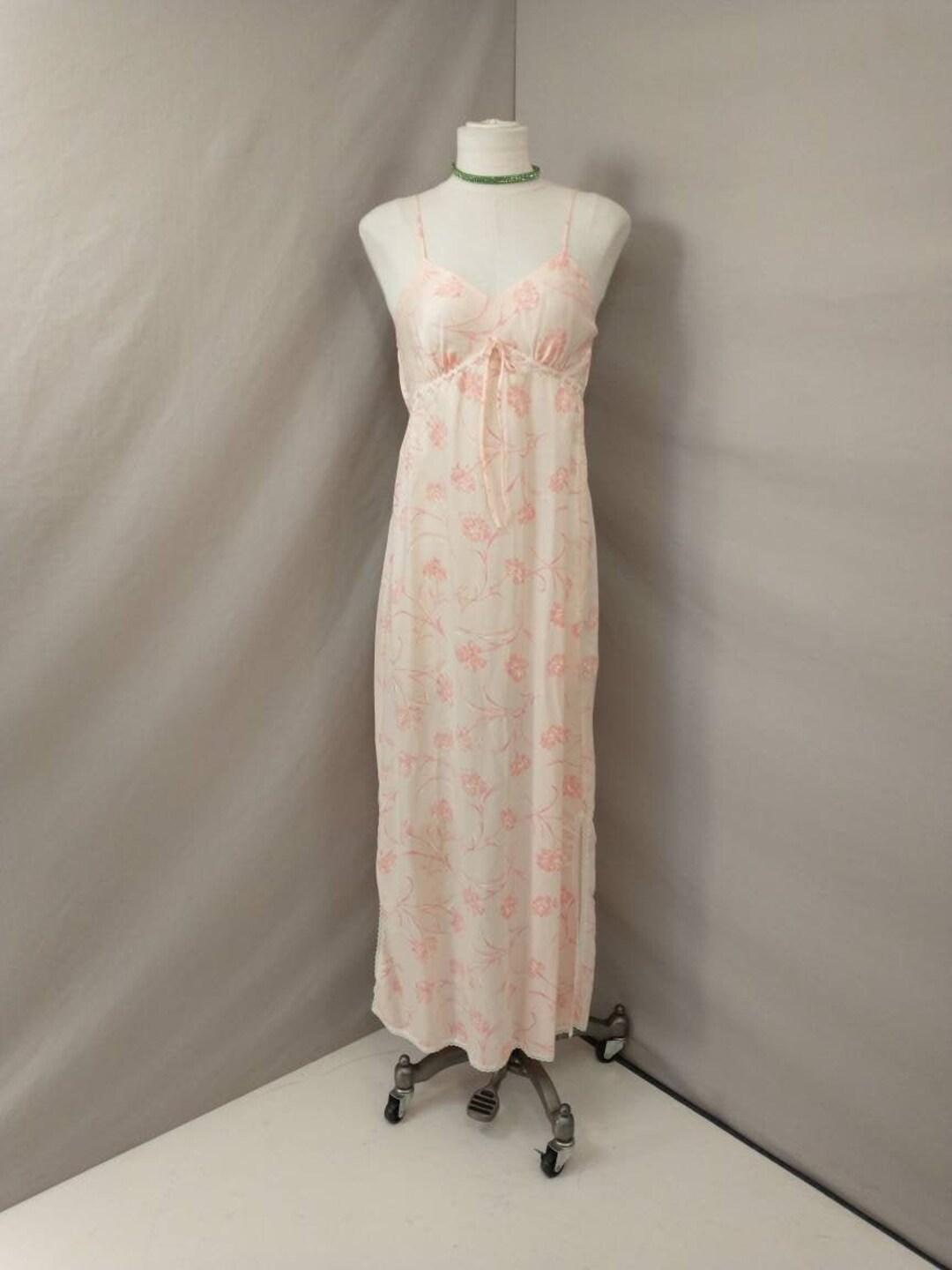Pink Floral Satiny Negligee Slip Style Nightgown Floor Length Vintage ...