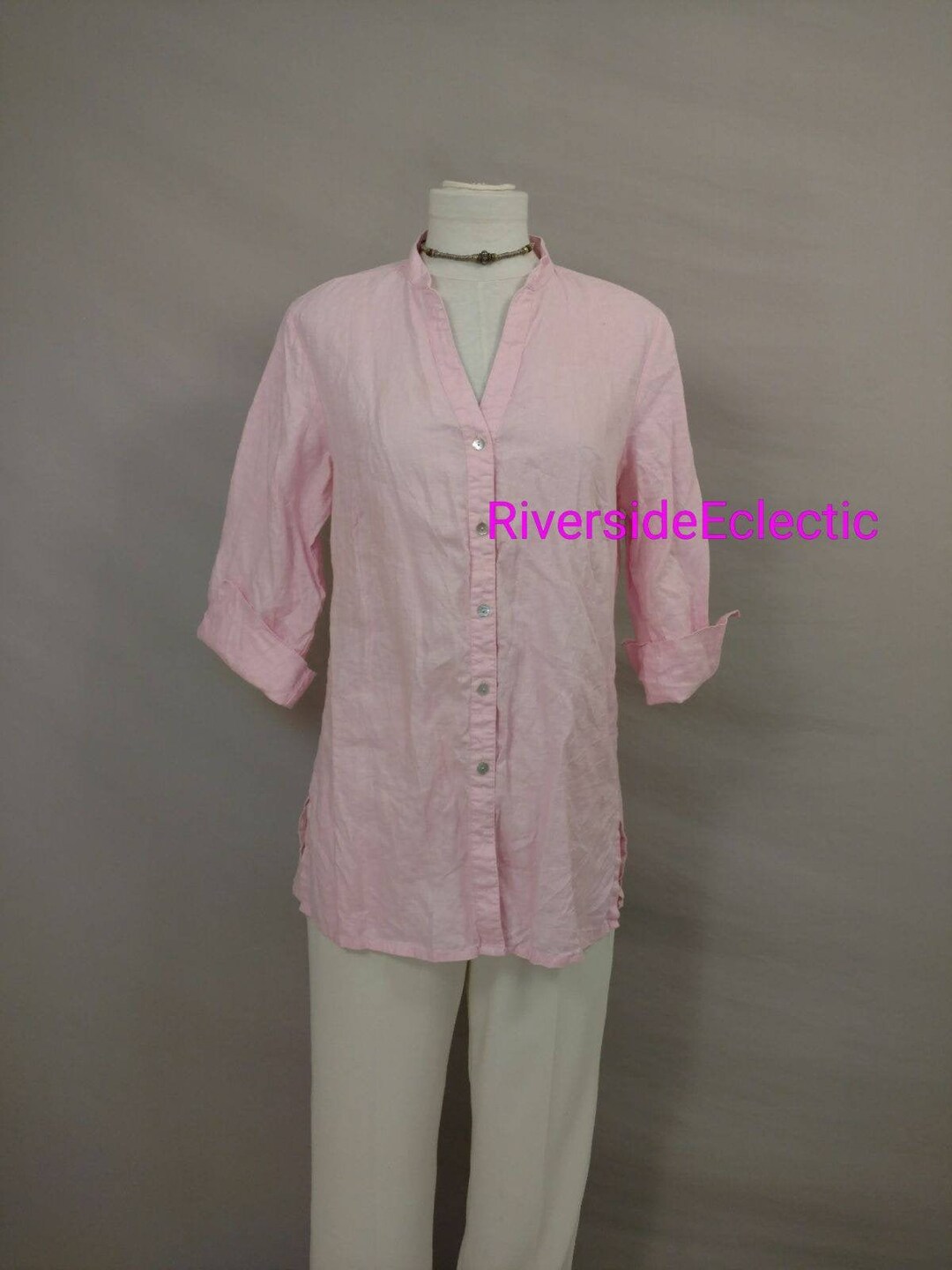 Pink Linen Tunic Shirt Button Front Long Sleeve Shirt Vintage Washable ...