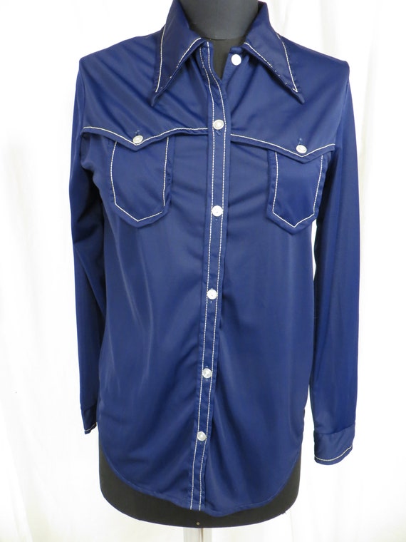 80's Vintage Western Shirt Navy Blue Nylon Long Colla… - Gem