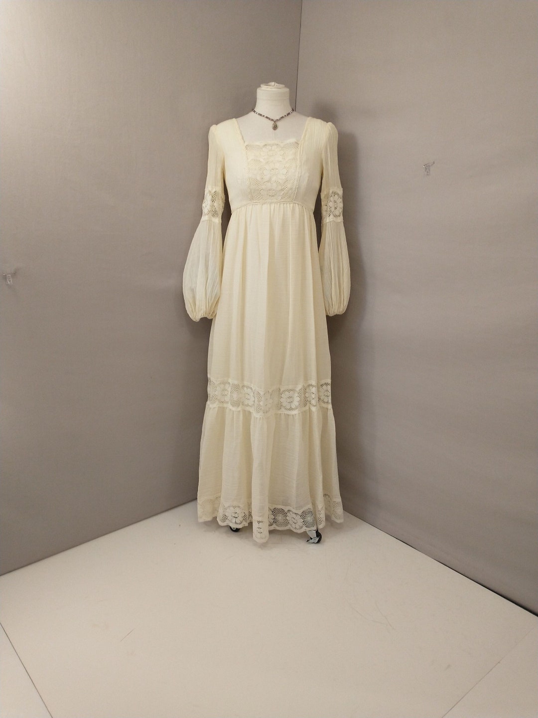 70's Prairie Dress Poet Long Sleeve Full Skirt Crochet Lace Trim ...