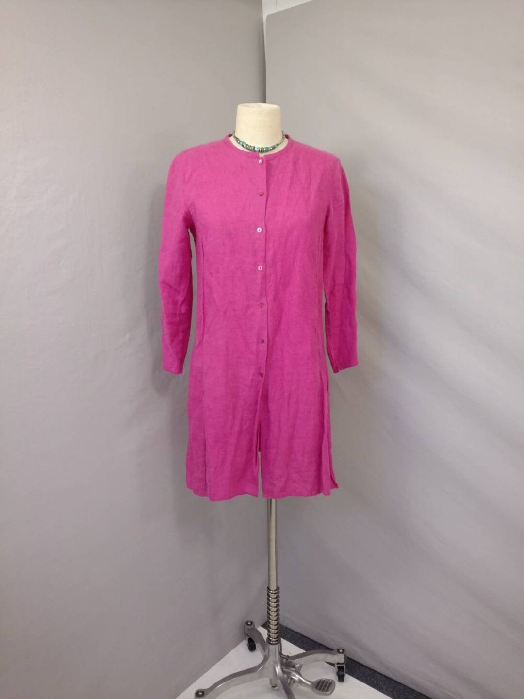 Hot Pink Linen Tunic Shirt Button Front Long Sleeve Shirt Vintage ...