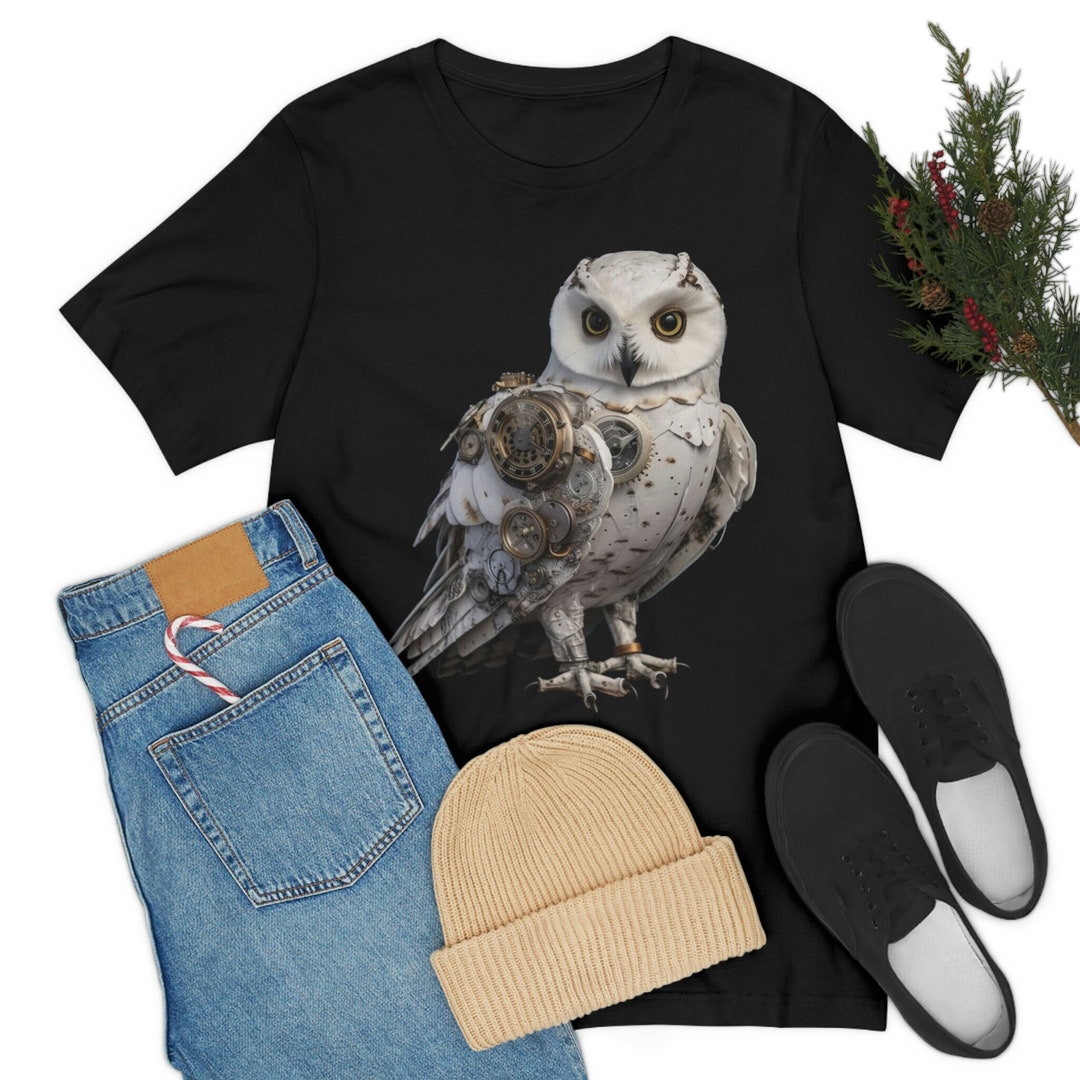 Snowy Steampunk Sentinel: Unique Owl Inspired Shirt | Cool Bird Apparel ...