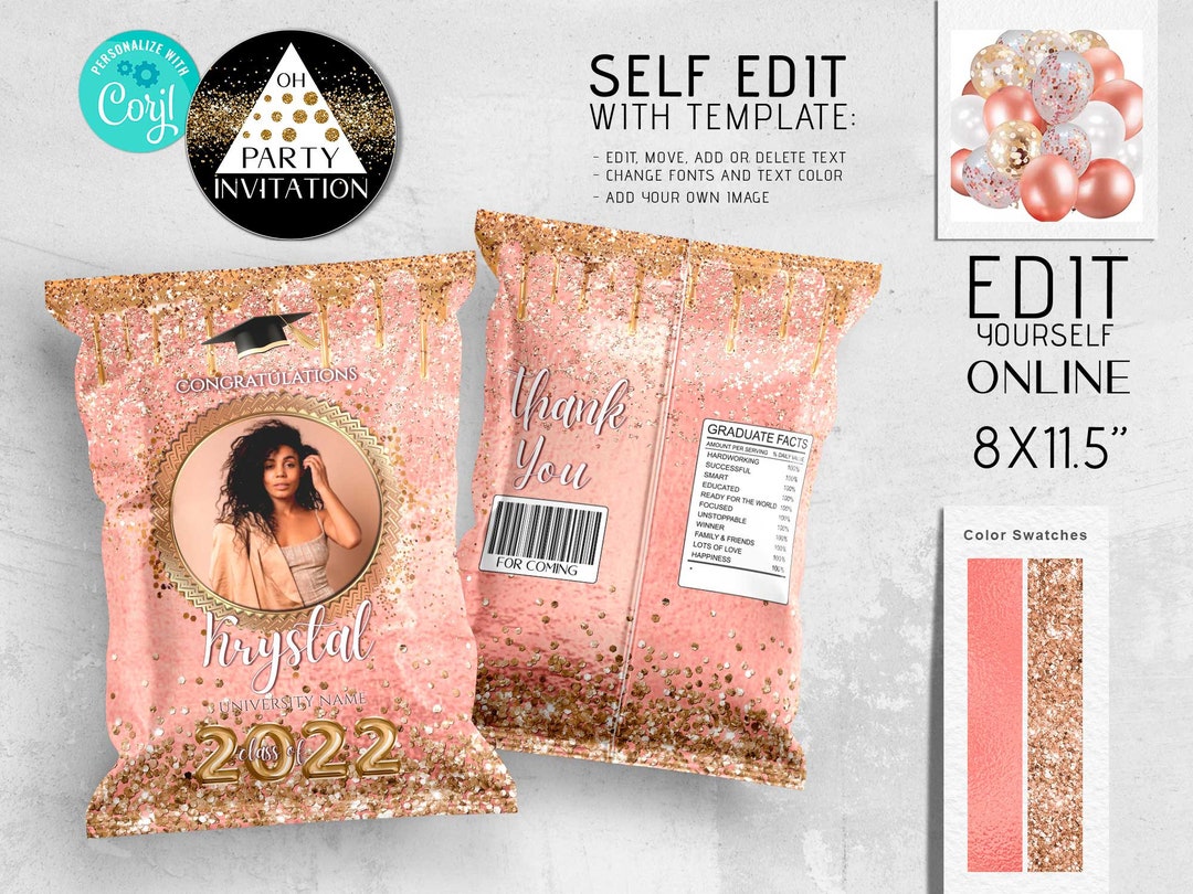 Editable Rose Gold Graduation Chip Bags Party Favors With Pic ...