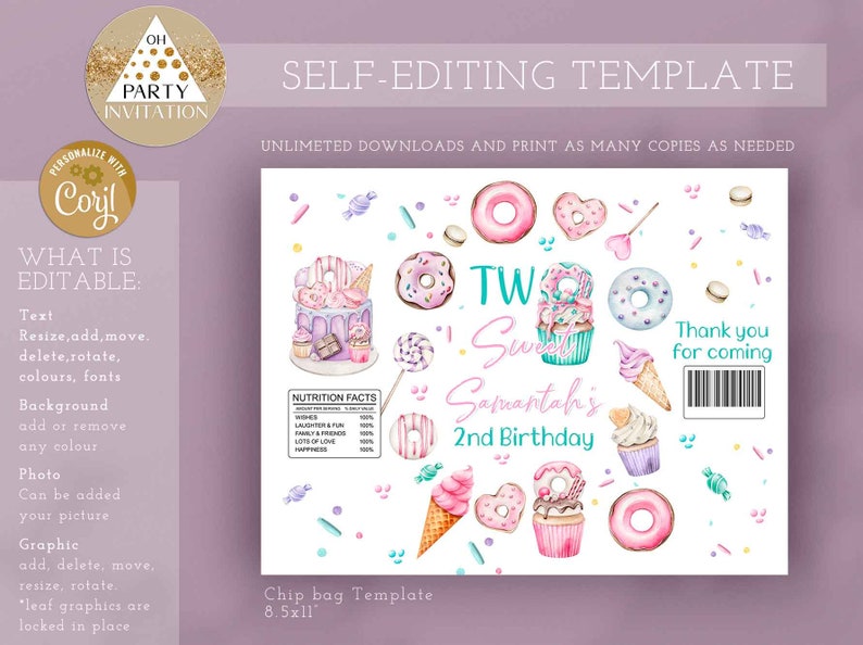 Editable Two Sweet Chip Bag Birthday Decorations Pink Yellow Etsy