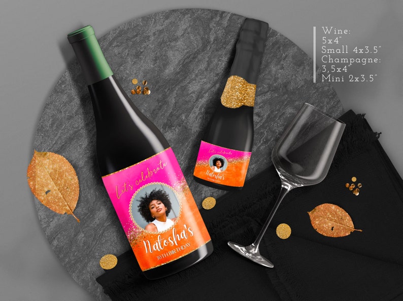Orange Pink Gold Birthday Wine Champagne Labels: Drink Party Favors ...