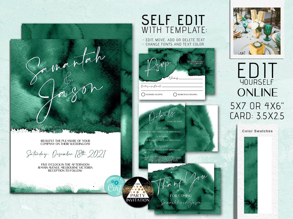 Emerald Green Wedding Invitation Printable Digital Invite | Etsy