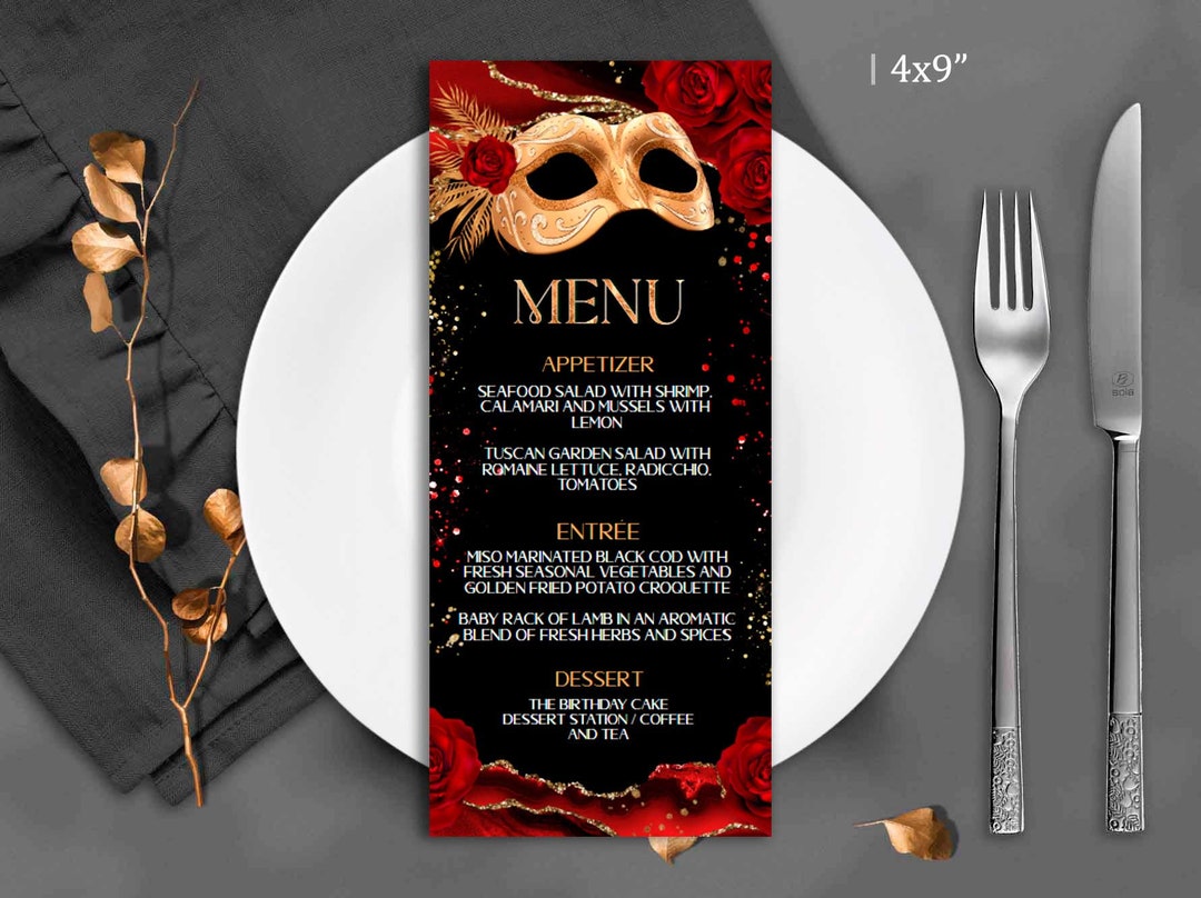 Gold and Red Rose Masquerade Menu Card Template Birthday Decoration ...