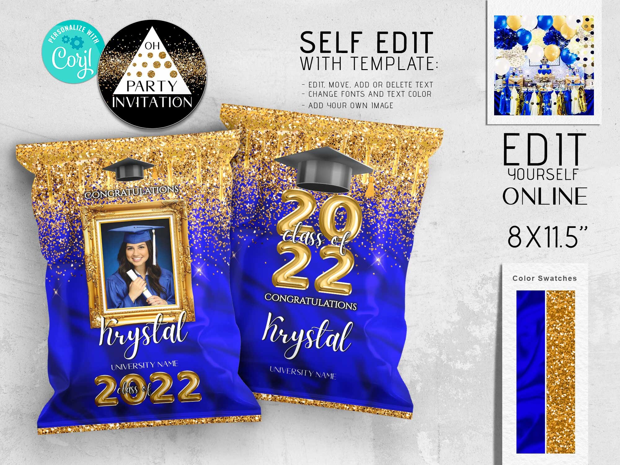 Editable Royal Blue Graduation Party Favors With Pic Hershey | Etsy