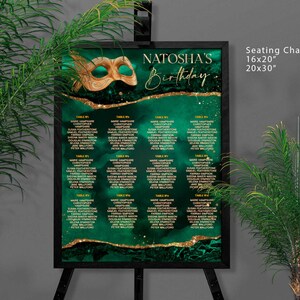 Emerald Green and Gold Masquerade Ball Seating Chart Poster Board Party ...