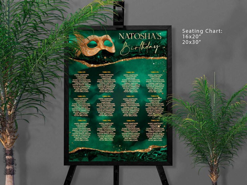 Emerald Green and Gold Masquerade Ball Seating Chart Poster Board Party ...