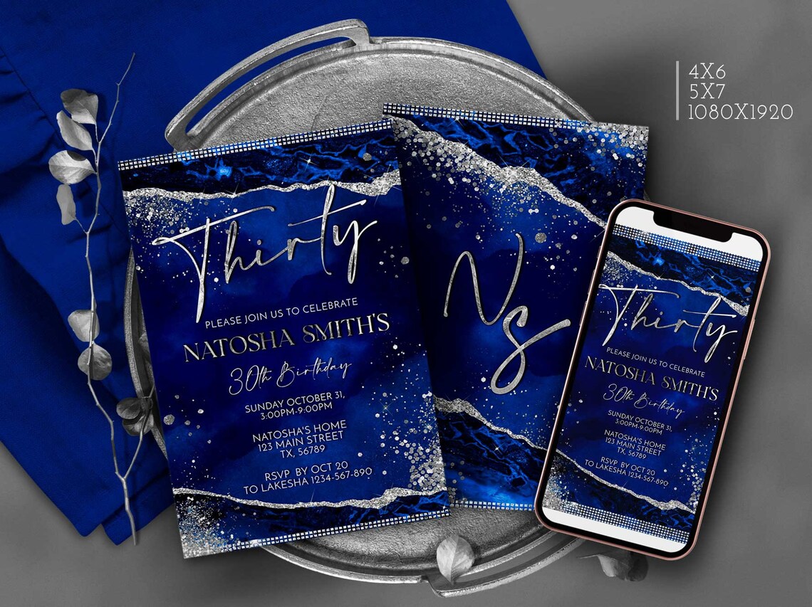 30th Birthday Invitation Navy Blue and Silver Party Invites - Etsy