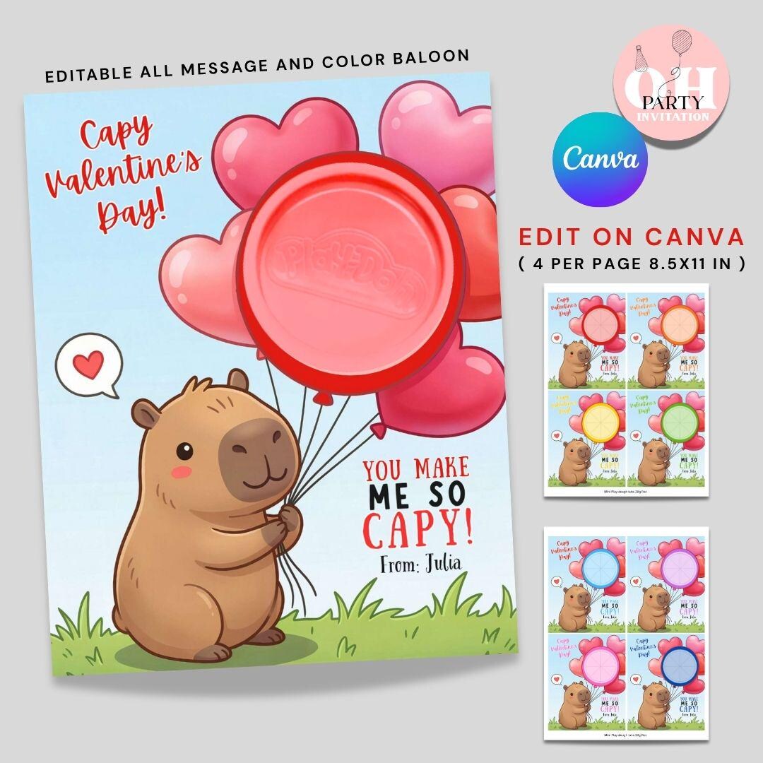Capybara Valentine's Day Play Doh Cards for Kids, Teens, Classroom ...