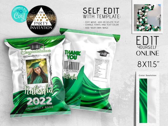 Editable Graduation Chip Bag With Pic Green Silver Senior - Etsy