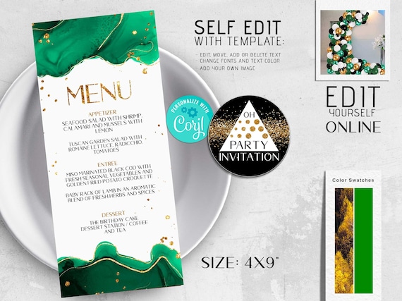 Emerald Green Gold Birthday Menu Template Milestone birthday Party ...