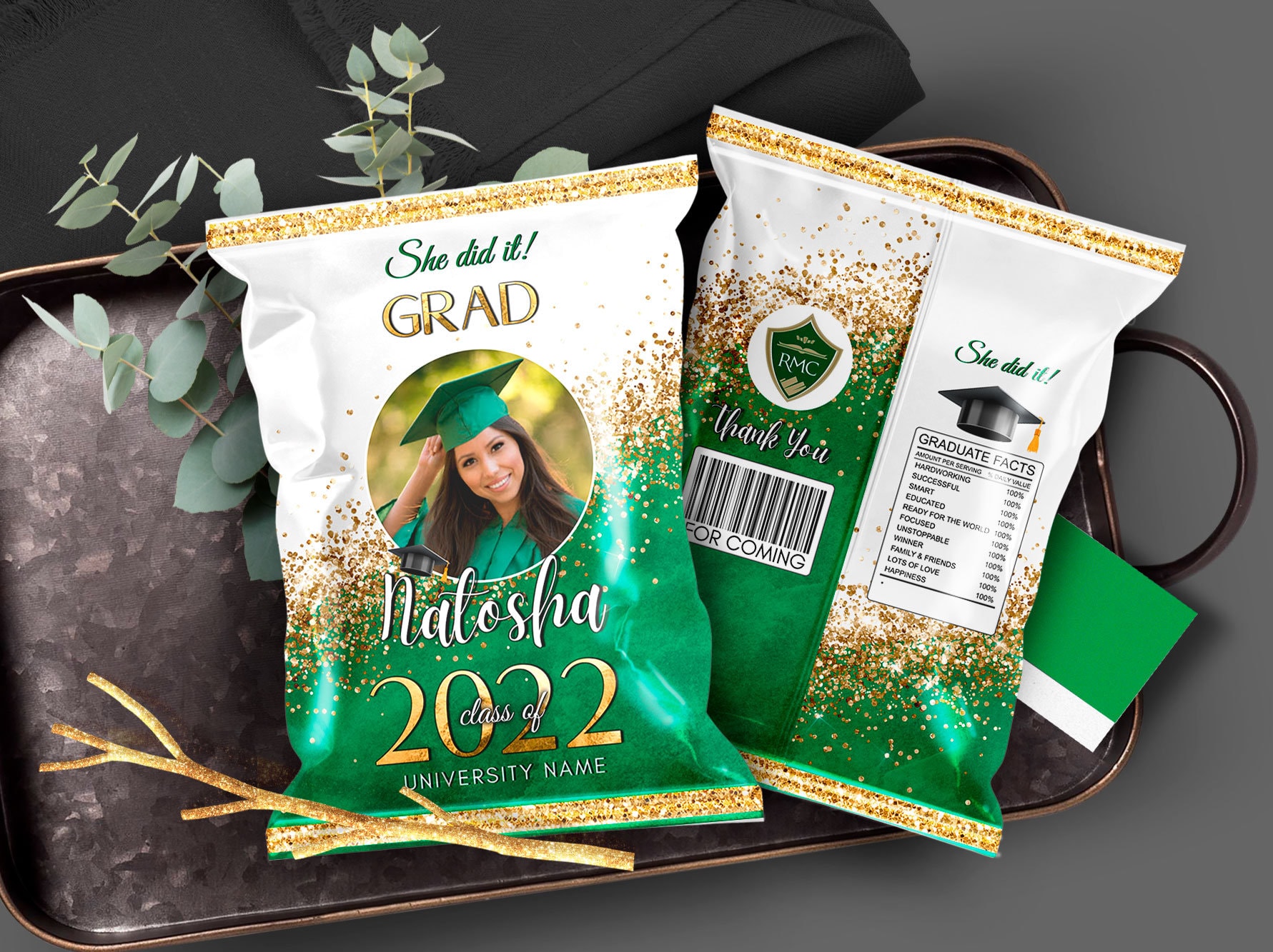 DIY Graduation Green White Gold Chip Bag Party Decorations Senior 2026 ...