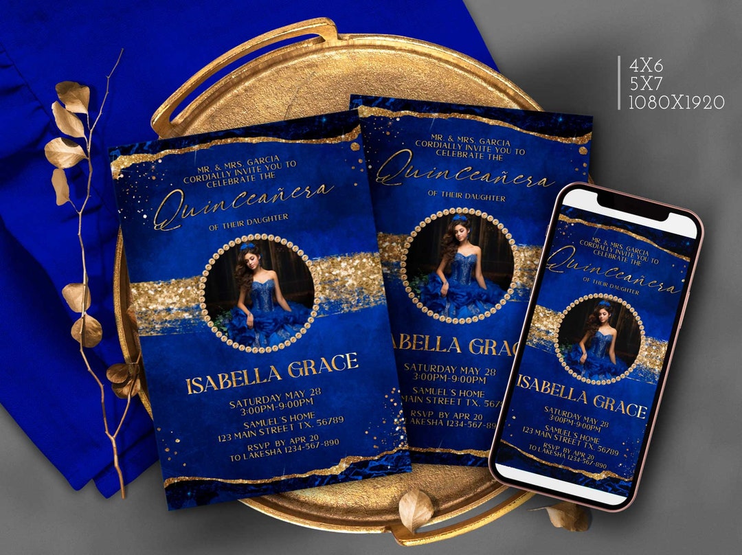 Royal Blue Quince Invite, Royal Blue and Gold Quinceanera Invitations ...