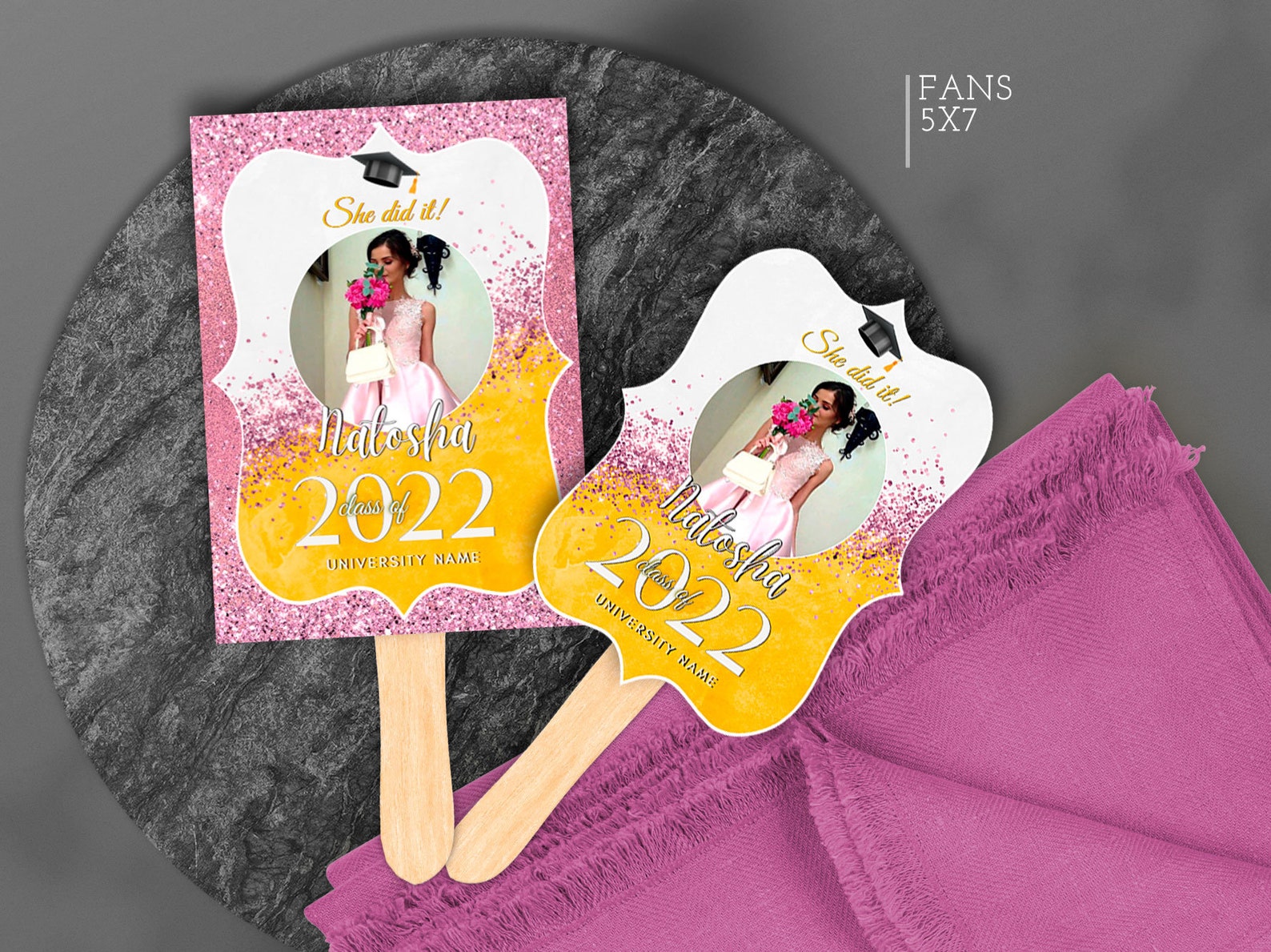 Editable Graduation Pink Yellow White Fans Senior 2024 Favors ...