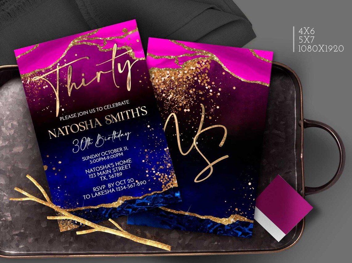 Birthday Party Invitation Fuchsia and Royal Blue Party Invites - Etsy