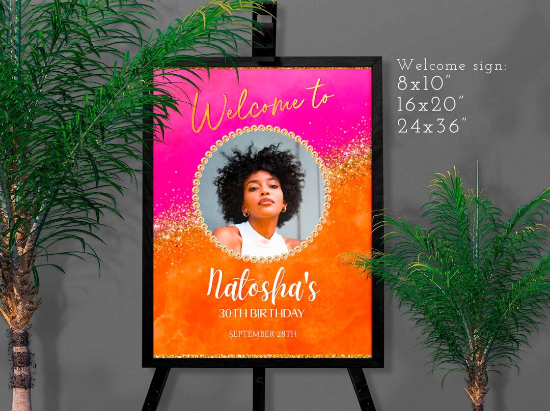 Orange Pink Gold Birthday Welcome Sign: Photo Banner Party Decor T118 ...
