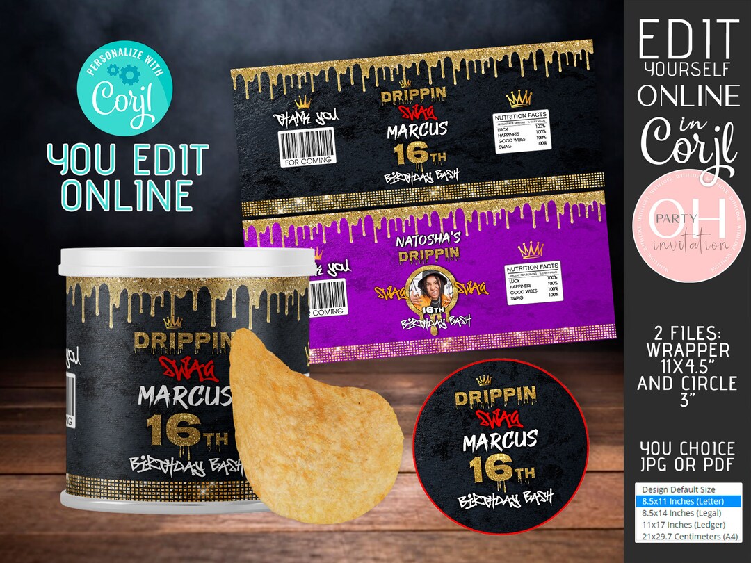 DIY Editable Dripping Swag Chip Pringles Template Birthday Party Favor ...