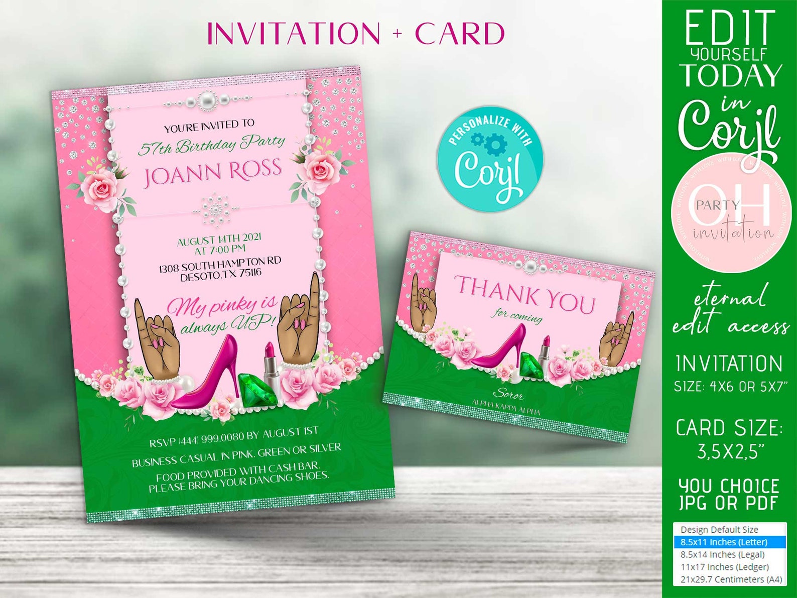 Editable Pink Green Invitation Template Adult 20th 30th 40th 50th ...