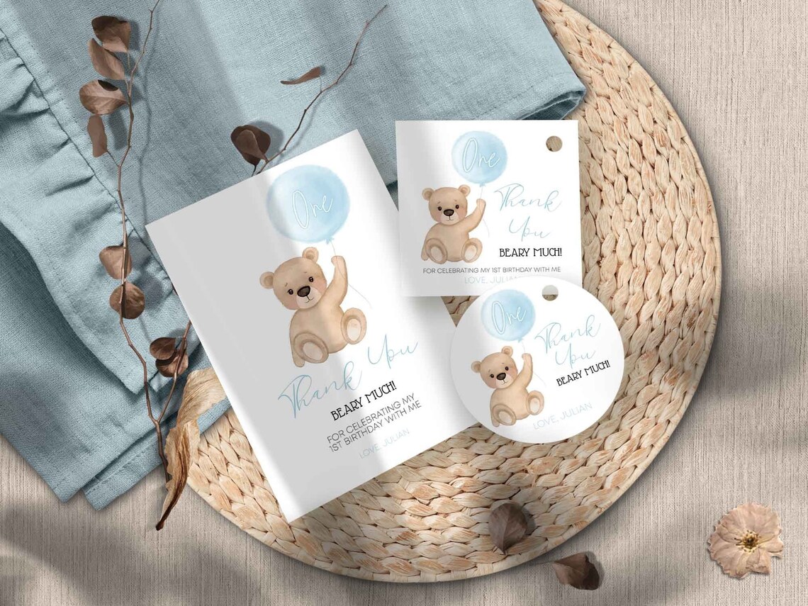 Editable Teddy Bear Birthday Thank You Tags Blue Balloons | Etsy