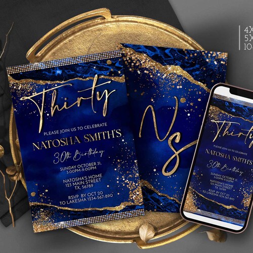 30th Birthday Invitation Navy Blue and Silver Party Invites - Etsy