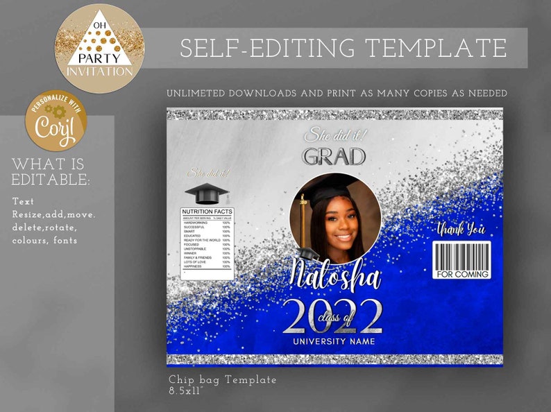 Editable Royal Blue and Silver Graduation Party Decorations - Etsy