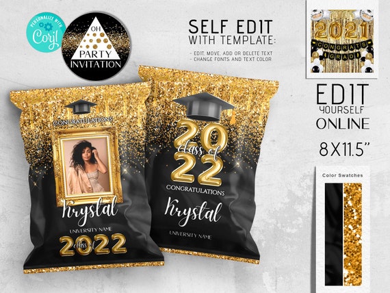Editable Graduation Chip Bag With Photo Black Gold Template - Etsy