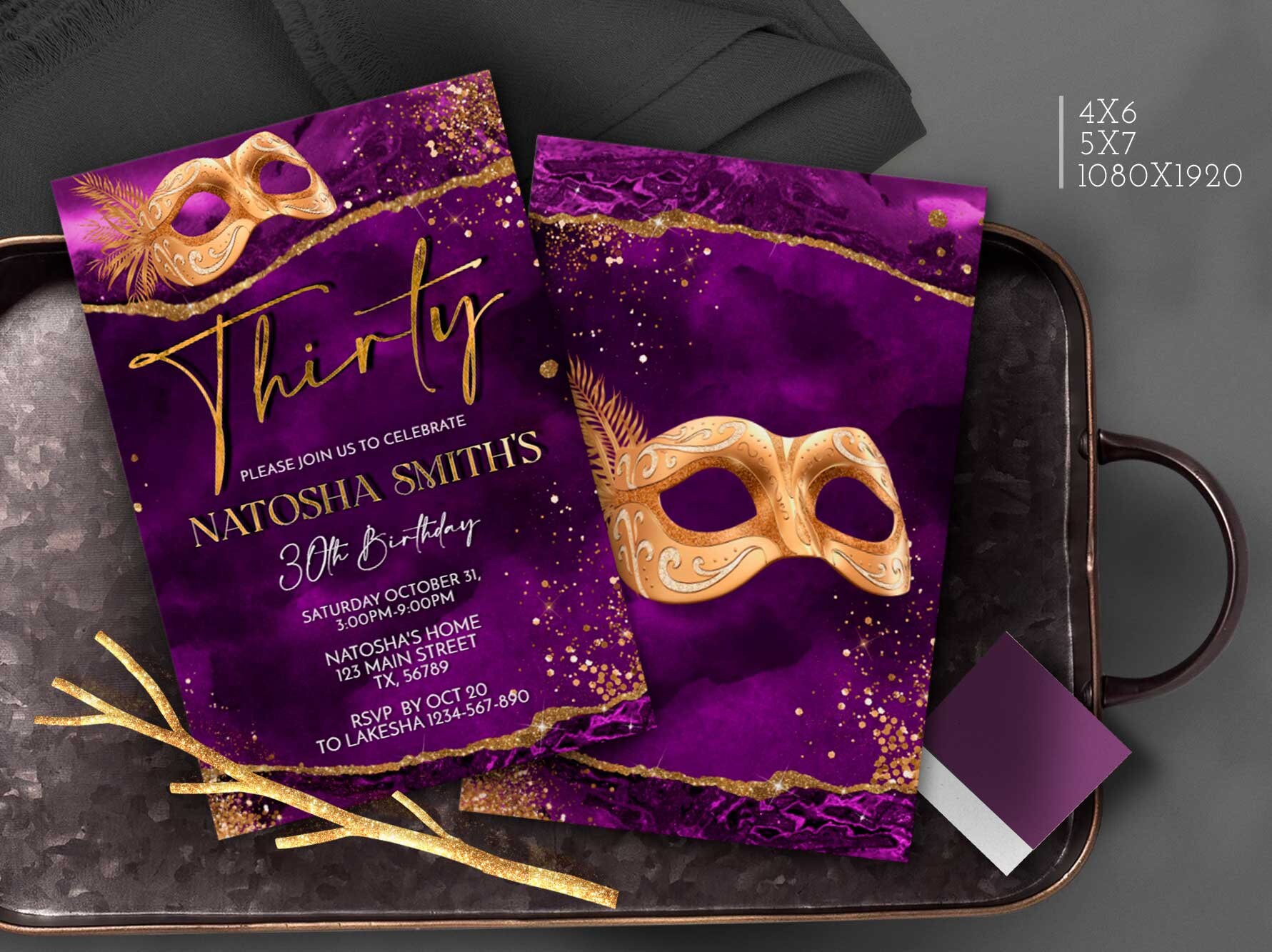 Masquerade Birthday Invitation Purple and Gold Party Invite - Etsy