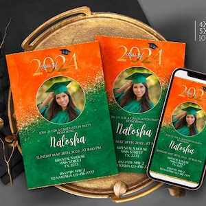 Editable Graduation Orange Green Party Invitation Template High School ...