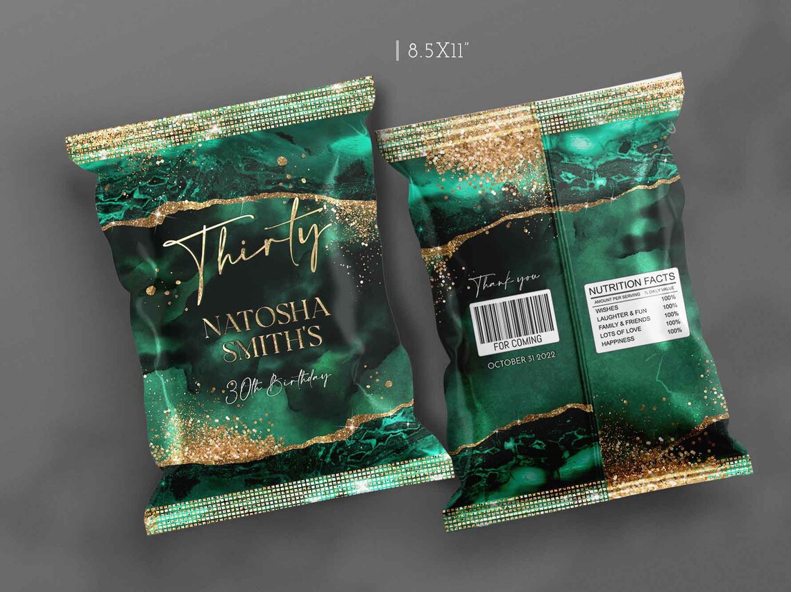 DIY 30th Birthday Chip Bag Emerald Green and Gold Party | Etsy