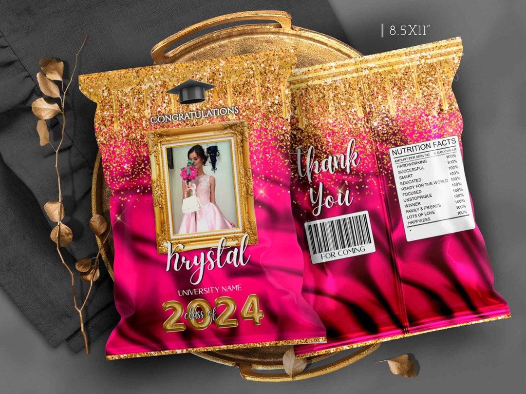 Editable Graduation Chip Bag With Photo Pink Gold Template Boy ...