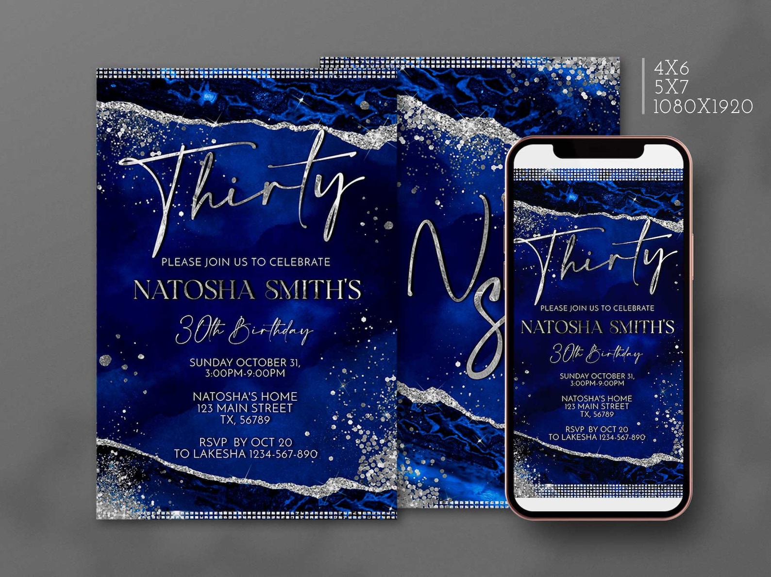 30th Birthday Invitation Navy Blue and Silver Party Invites - Etsy
