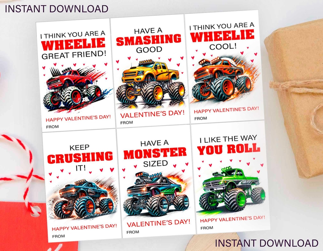 Monster Truck Valentines Cards, Wheelie Kids Valentines, School ...