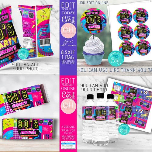 90s Theme Party Decoration Water Bottle Label Chip Bag Round - Etsy