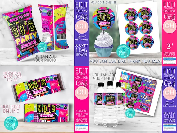 90s theme party decoration - water bottle label chip bag round labels ...