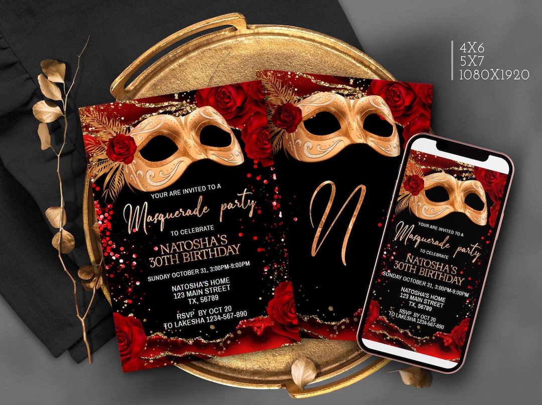 Red Rose Masquerade Party Invitation: Editable Birthday Evite (digital ...