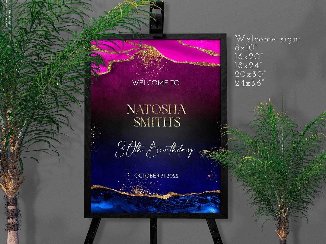 Fuchsia & Blue Birthday Welcome Sign: Editable Party Decor (digital ...