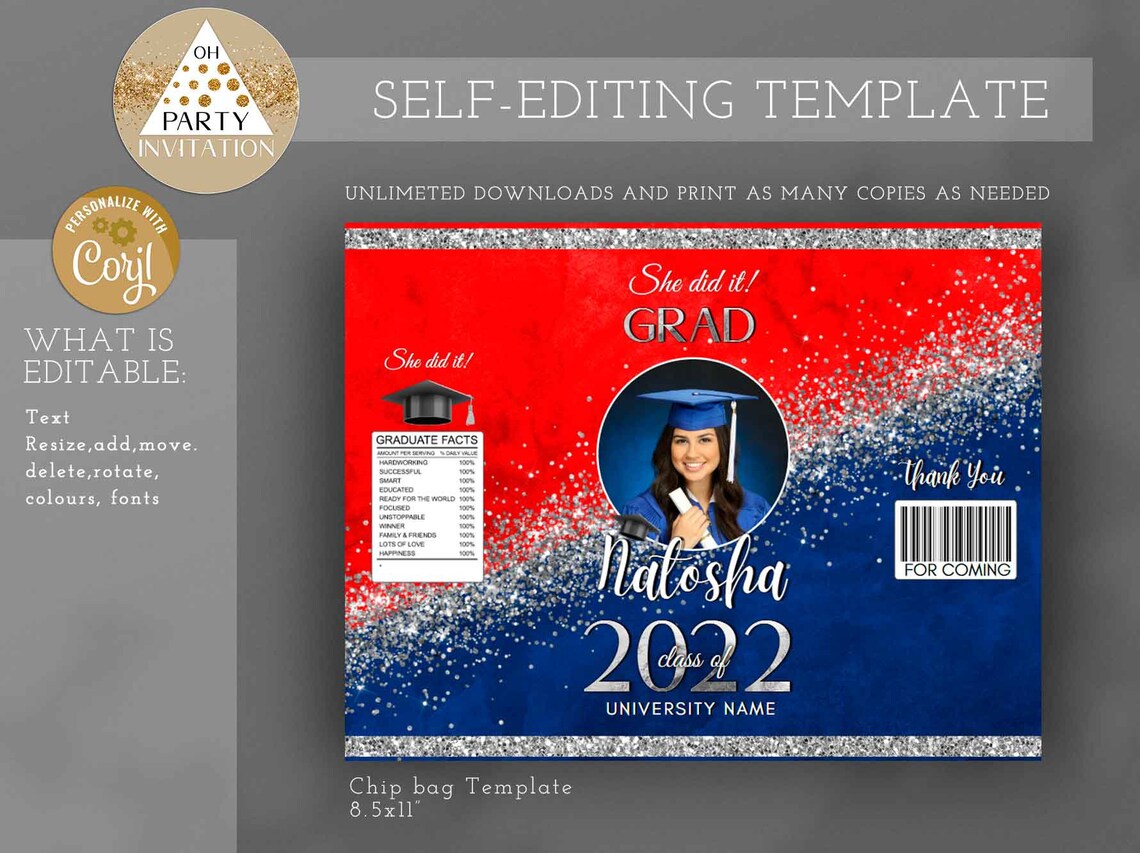 Editable Graduation Red Blue Chip Bag With Silver Glitter - Etsy